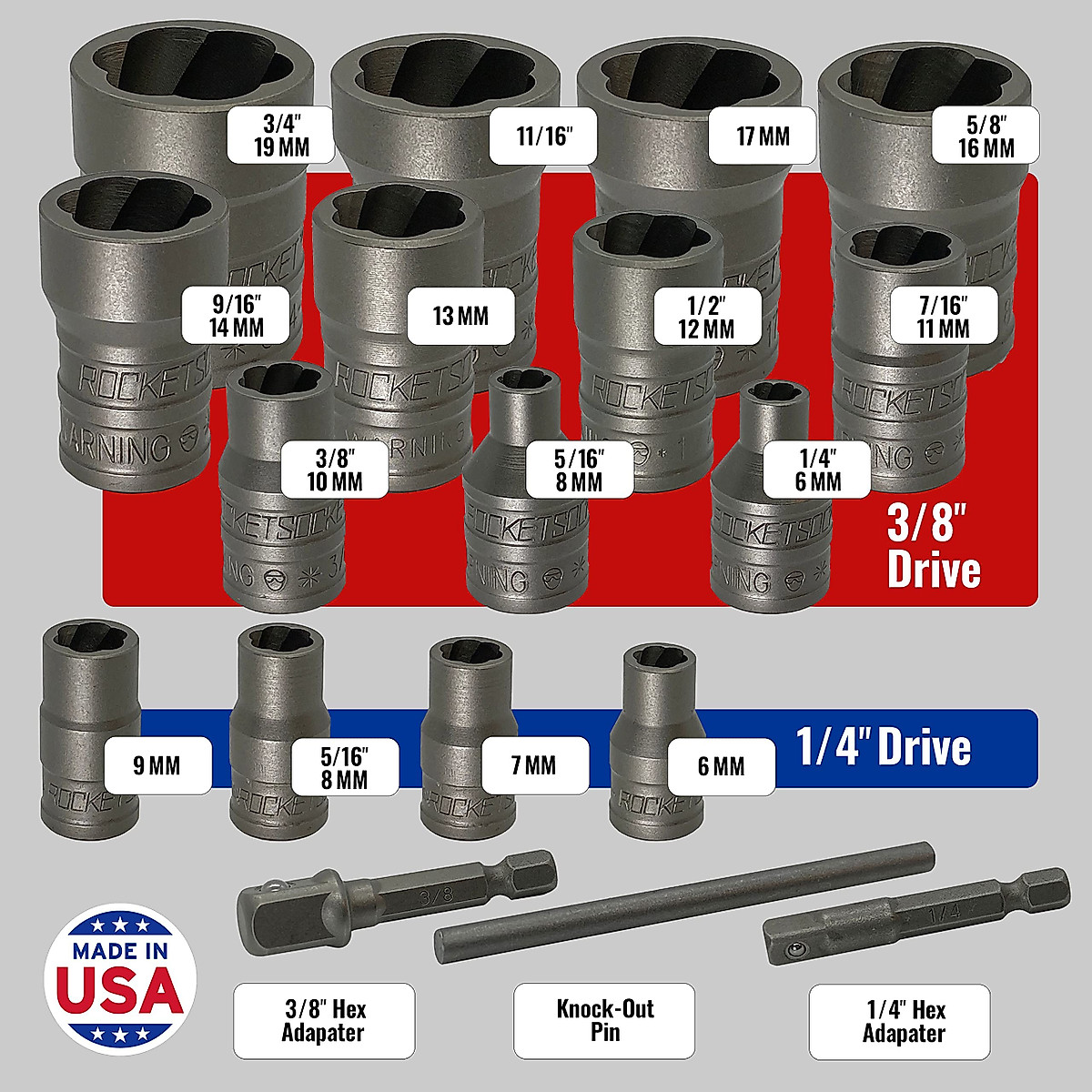 18-Piece Bolt Lug Nut Extractor Socket Set with RAZORGRIP - Made in USA Steel