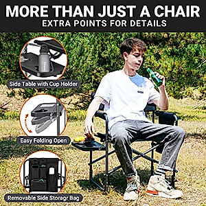 KingCamp Camping Chairs 2 Pack with Side Table Cup Holder, Outdoor Portable Folding Directors Style for Beach Trip Lawn Picnic Patio Backyard Festival Hiking Sports Event, One Size, Black/Medium Grey