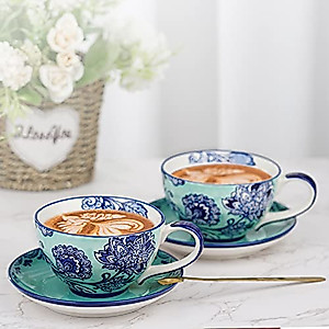 Taimei Teatime Ceramic Coffee Cups and Saucers,10.8oz Tea Mugs with Plates of 2, Green Handpainted Floral Large Tea Mugs for Tea, Cappuccino, Latte or Americano