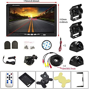 Backup Camera Kit 7 inch 4-Spilt Monitor Rear View Cameras with IP 67 Waterproof 18 IR Night Vision Car Camera for Tucks, RVs,Trailers,Bus,Vans + 4pcs 10m/393.7inch Cables