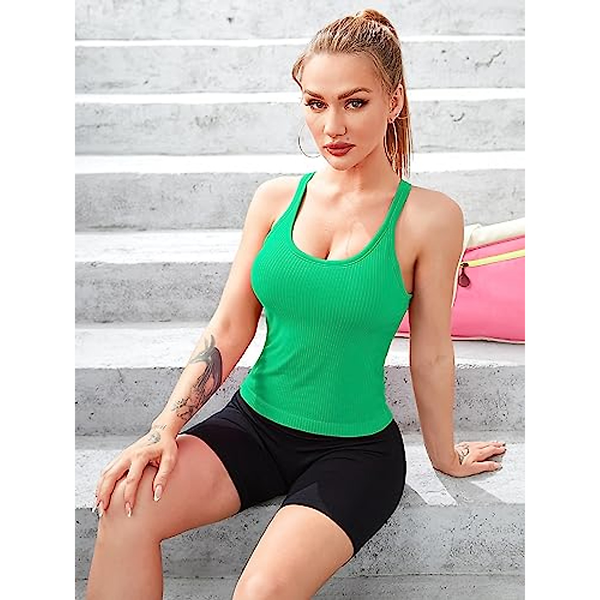 ATTRACO Women's Longline Sports Bra Tank Top Padded Athletic Yoga Tops Tight Fit Green