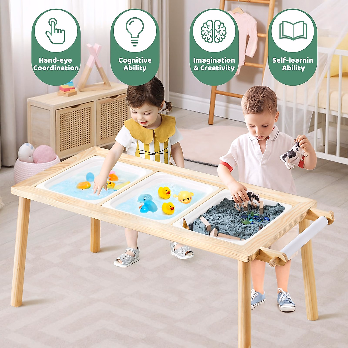 Beright 5 in 1 Children's Table, Play Sand Indoor Sensory Table, Kids Art Table Drawing Table with Paper Roll & Paint Cups, not with Storage Bin, Upgraded
