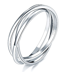 BORUO 925 Sterling Silver Ring, Fidget Ring Anxiety Ring, Triple Row Rolling Interlocking Stacking Rings, High Polish Rings for Women, Men Each Band Width 1.8mm Size 8