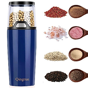 Qingrun electric salt or pepper grinder is provided with button control for grinding,battery-powered pepper mill,one-hand operation and white light.Adjustable roughness pepper grinder.Blue