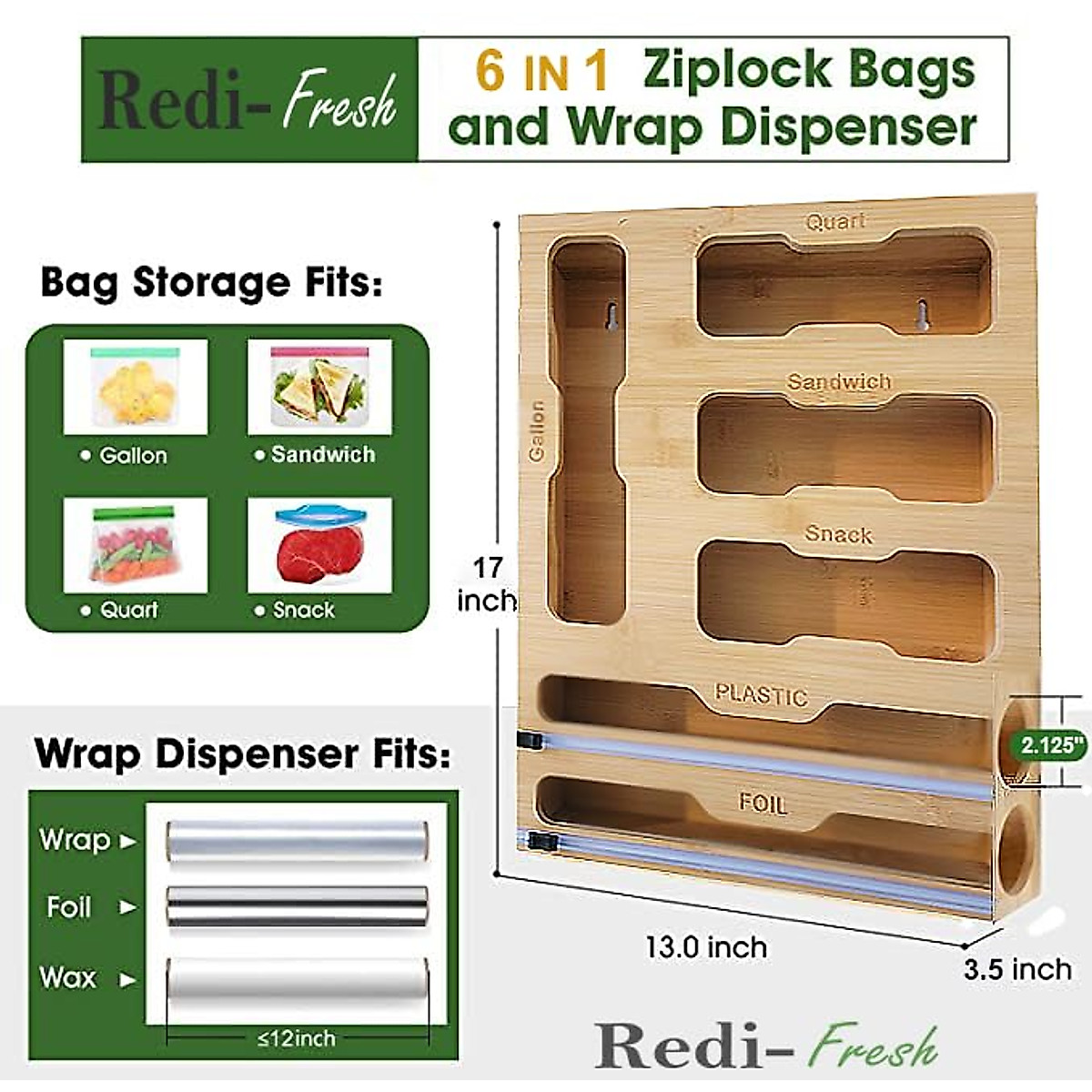 Wall Mount Ziplock Bag + Foil & Plastic Wrap Organizer - Premium Bamboo Organizer for Ziplock Bags, Foil & Plastic Wrap Dispenser | Kitchen Organization & Storage | 12" X 2.125" Standard Rolls only