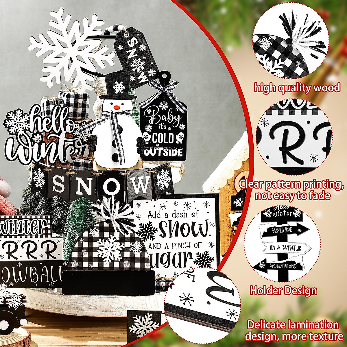 Black and White Plaid Christmas Tiered Tray Decor - Snowman, Snowflake, Gnome, Truck, Xmas Tree Wooden Signs for Table Shelf