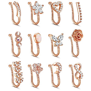 JOERICA 12Pcs Fake Nose Ring for Women Nose Cuffs Non Piercing Jewelry CZ Opal Butterfly Moon Heart Flower Clip On Nose Ring Adjustable Faux Nose Rings Set