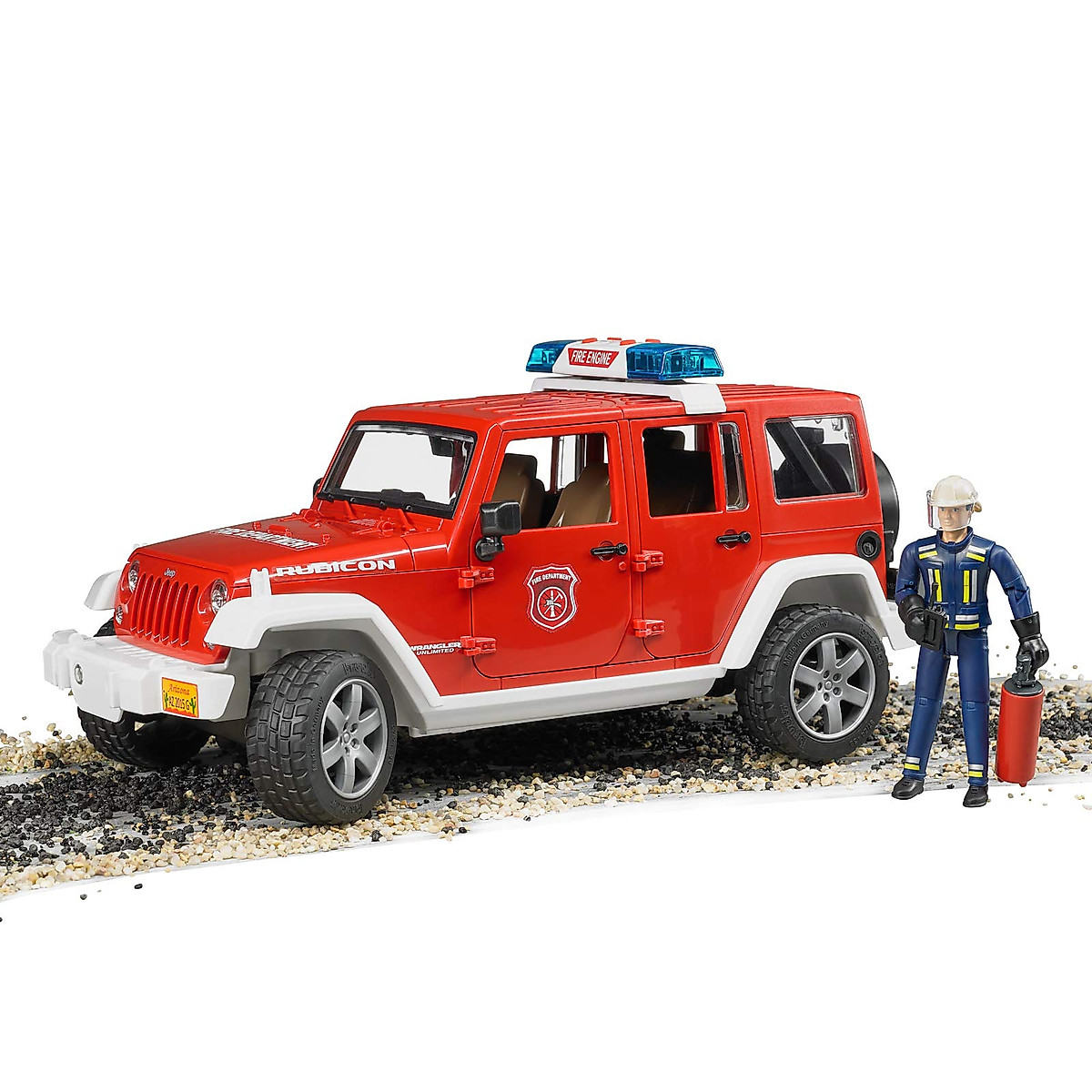 Bruder Jeep Rubicon Fire Rescue Vehicle with Electronic Emergency Siren Sounds and Fireman Figurine