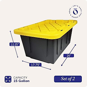 HOMZ Durabilt 15-Gallon Storage Tote with Flip Lid, Heavy-Duty Storage Bin with Snap-on Lid, Black and Yellow, 2 Pack