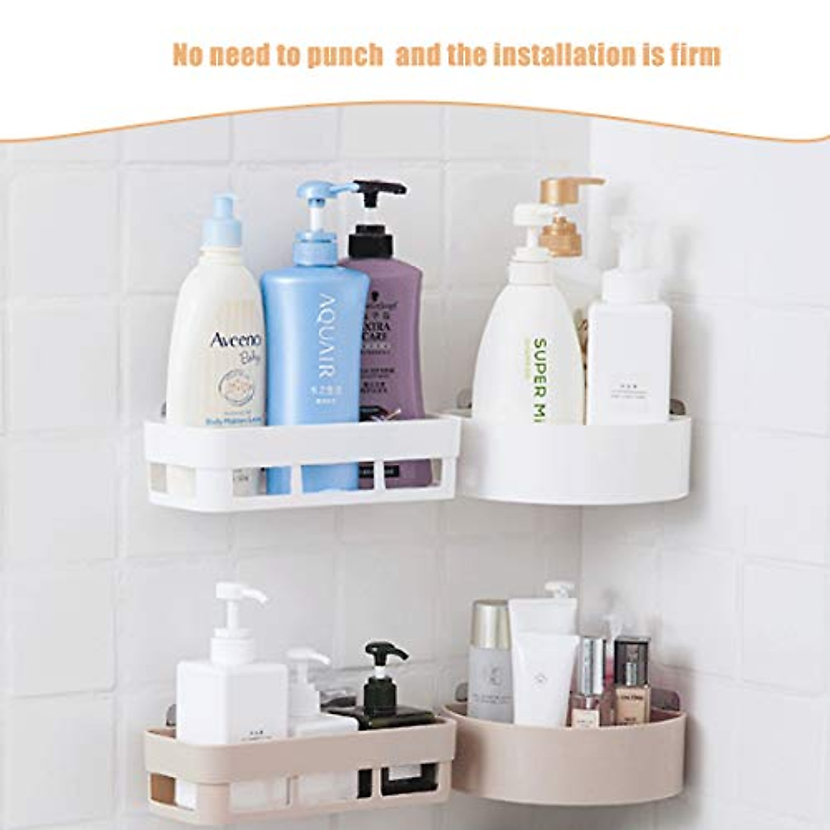 2 Pack Bathroom Seamless Shelf Punch Free Shower Caddy Bathroom Suction Corner Storage Box Drill Free Removable Plastic Shower Rack Kitchen Storage Basket