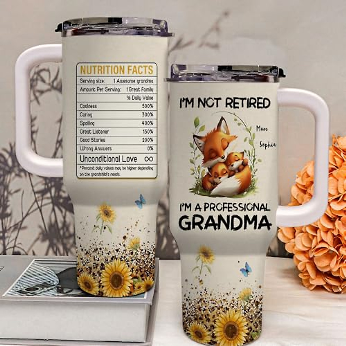 Personalized 40oz Tumbler - Cute A fox mother curled around her pups while they sleep, Mother and Child Design with Nutrition Facts - Gift for Mom, Grandma, Mother's Day Z2b5jE