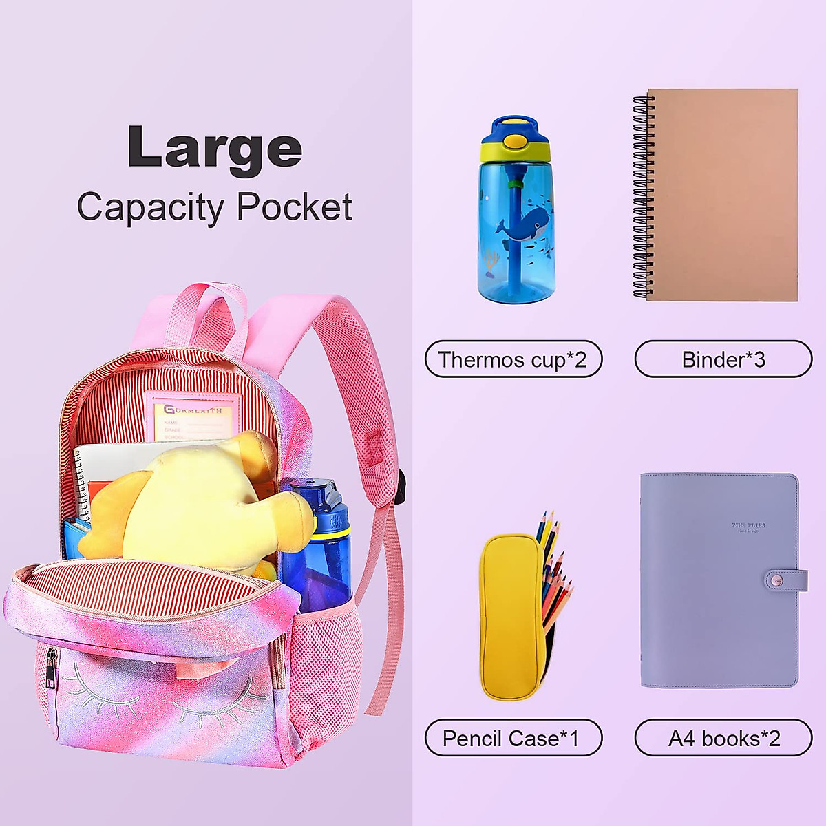 Gormlaith Backpack for Girls, Unicorn Rainbow Kids Backpack, Lightweight Cute Toddler School Backpack, Pink Book Bags for Girls, Kindergarten Preschool Backpack for Girls, Lunch Box Carry Bag