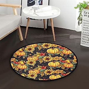 Fall Pumpkins Sunflowers Area Rug Round 3ft Thanksgiving Circular Carpet Floor Mat Soft Non Skid for Living Room Dining Holiday Decor Seasonal Washable
