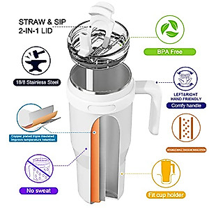 Zukro 50 oz Mug Tumbler With Handle And Flip Straw, Leakproof Vacuum Insulated Stainless Steel Cup Water Bottle with 2-in-1 Lid,Large Travel Mug, Fit in Cup Holder, Keeps Cold for 30 Hours, White