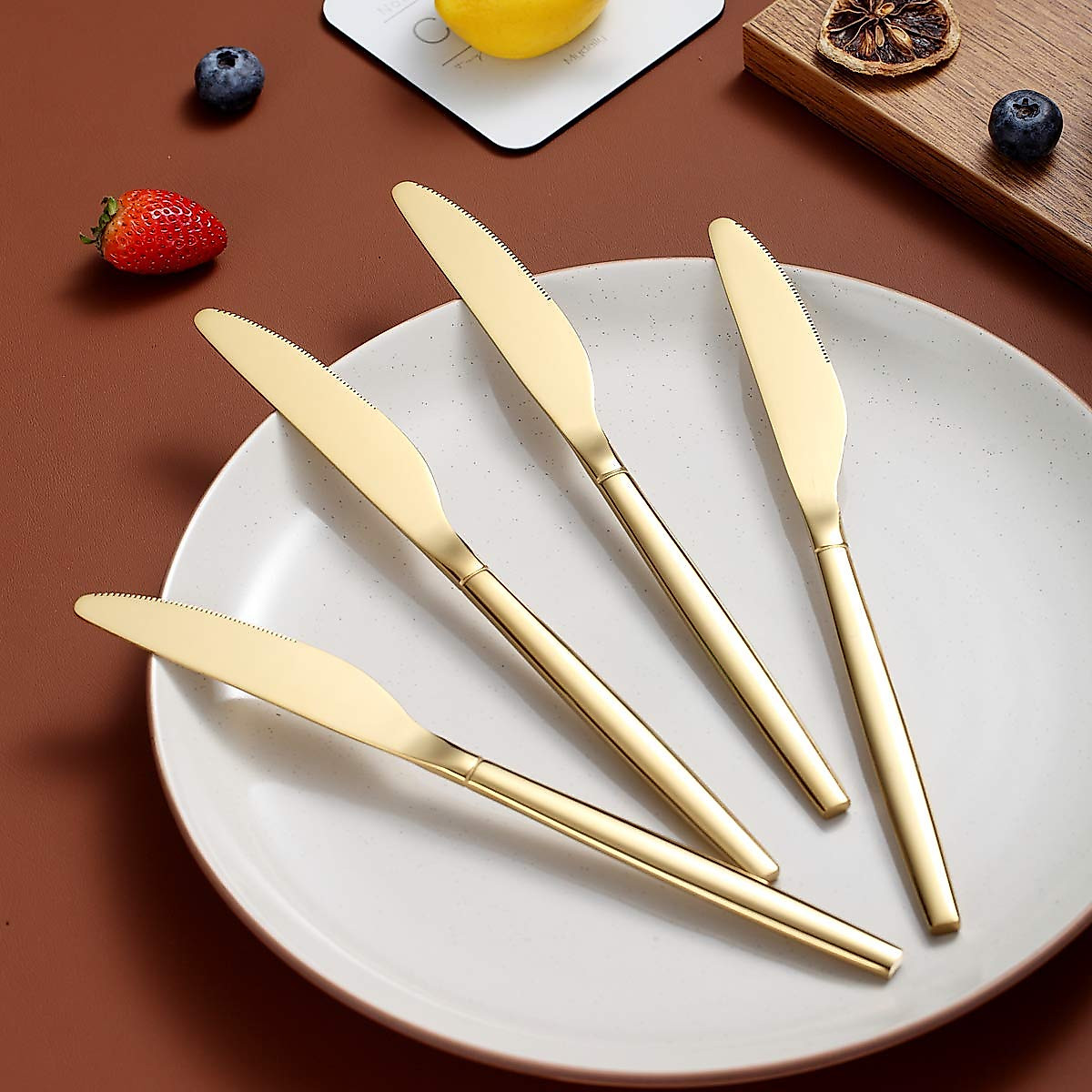 Berglander Gold Dinner Knives Set Of 4, Titanium Shiny Gold Plating Stainless Steel Dinner Knife, Butter Knife Table Knives Dishwasher Safe