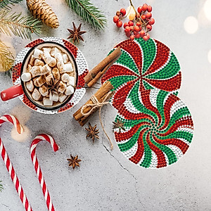 8 Pieces Christmas Candy Diamond Coasters with Holder 5D DIY Christmas Candy Diamond Art Coasters for Drinks Diamond Arts Kits for Christmas Holiday Gift