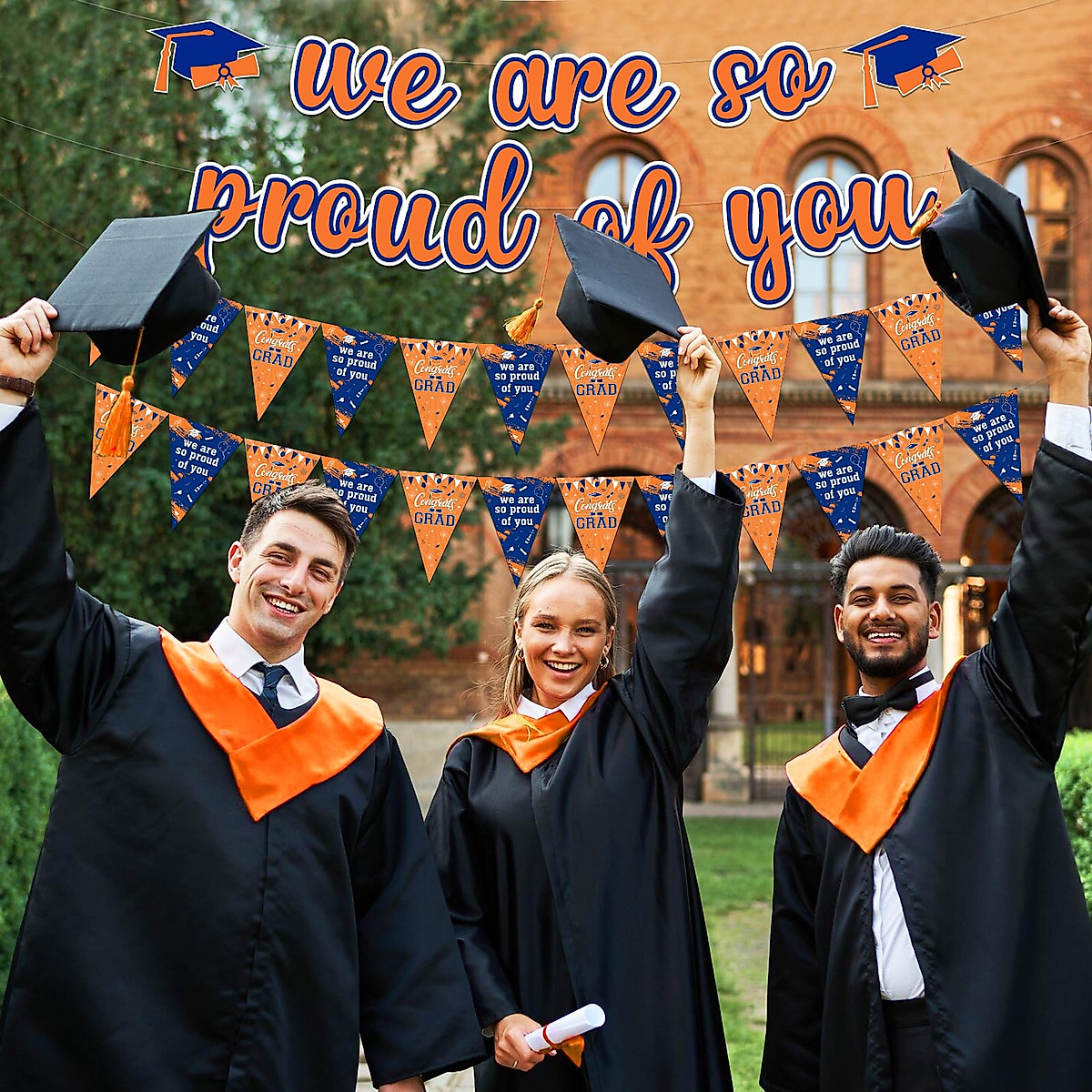 Fangleland We are So Proud of You Banner, Orange Blue Graduation Pennant Banner Decorations 2025, Congrats Grad Triangle Hanging Flag, Class of 2025 Graduate Ceremony Party Supplies