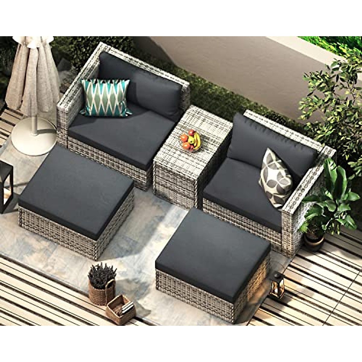 CHINNLUU 5 Pieces Patio Furniture Set Outdoor Wicker Patio Sofa Washable All-Weathe Sectional Conversation Set with Cushion and Glass Table (Grey)