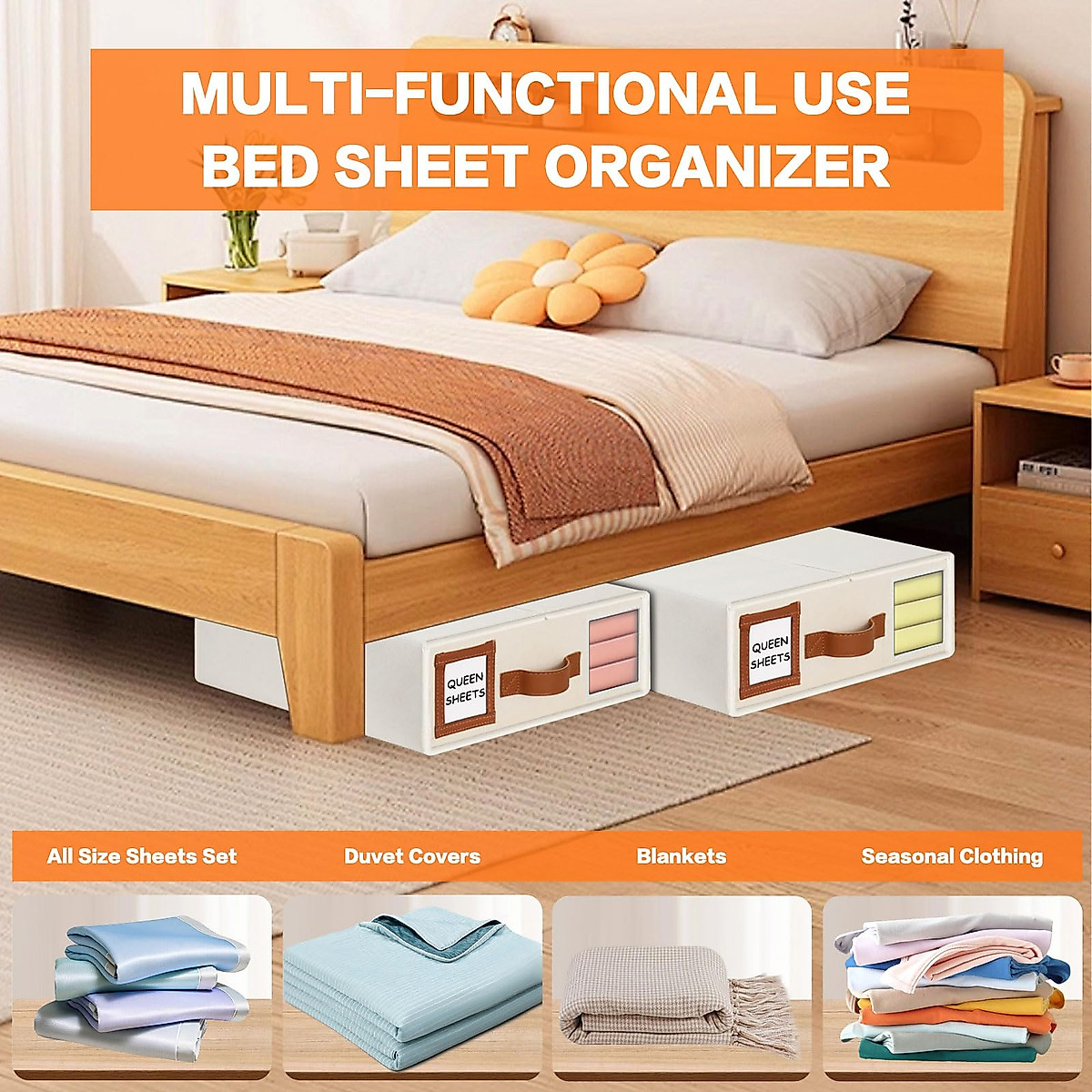 LHZK Sheet Organizers and Storage 4 Pack, Foldable Bed Sheet Organizers and Storage (Queen & King Size), Bed Sheet Organizer with Leather Handle, Window and Label