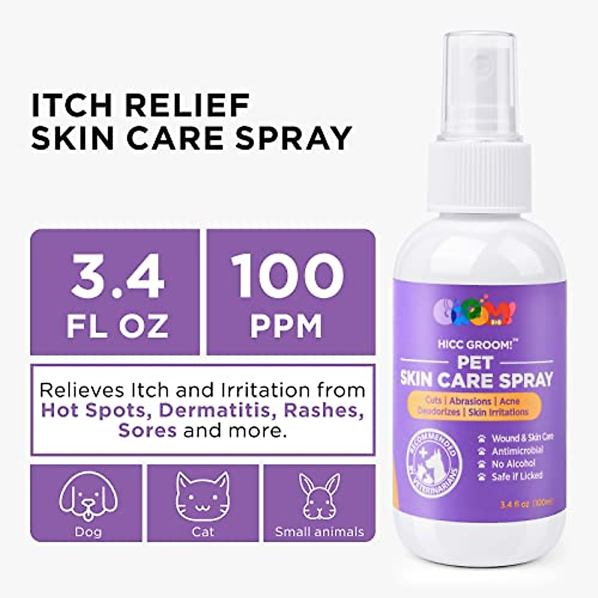 HICC GROOM! Hot Spot Treatment and Itch Relief Spray for Dogs & Cats, Rapidly Alleviate Dry Itchy Skin, Skin Allergies, Scratching, Excessive Licking, Wound Wash Spray, 3.4 Fl Oz