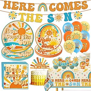 Here Comes The Son Baby Shower Decor Here Comes The Son Baby Showe Plates Napkins Cups Tablecloth Banner Balloons and Cake Topper Sun Retro Boho Sunshine Birthday Party Supplies, Serves 20