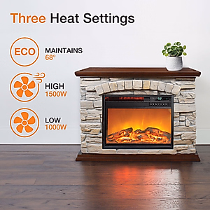 Lifesmart Large Square Infrared Faux Stone Fireplace, Fake Fireplace Heater with Mantel and Adjustable Settings for Living Room, Bedroom