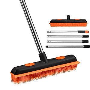 2 in 1 Rubber Broom with 33-64" Long Handle，Fur Remover Broom with 33-64" Long Handle, Pet Hair Broom with Squeegee for Carpet, Hardwood Floor, Tile- Black Orange