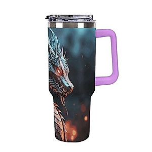 LLUTSNTH 40 Oz Vacuum Tumbler with Violet Handle Leakproof Insulated Tumbler Dragon Stainless Steel Travel Mug with Lid And Straw Coffee Cup Cute Water Bottles Cup Holder Friendly