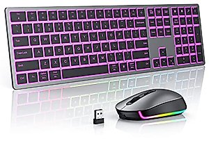 Backlit Wireless Keyboard and Mouse, PEIOUS 7 Color Light Up Mouse and Keyboard, Full Size Rechargeable USB Illuminated Keyboard and Mouse for Mac, Chormebook, Windows Computer Laptop
