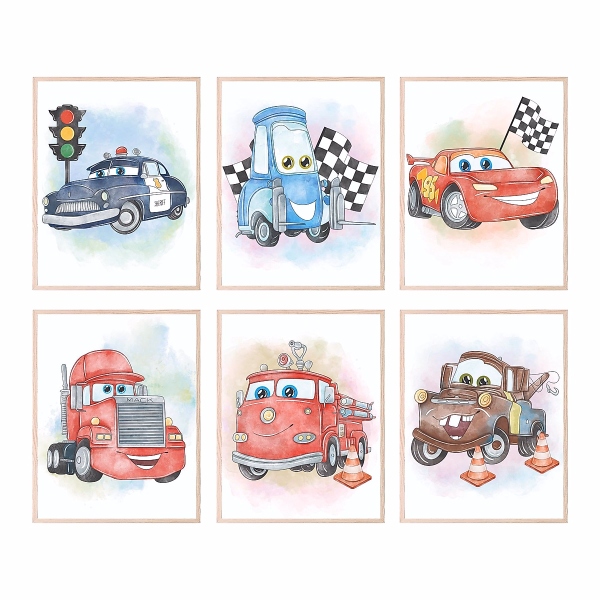 BigWig Prints Cars Poster Set - Cars Room Decor for Boys And Girls, Lightning Mcqueen Room Decor, Wall Art for Kids Bedroom, Sheriff Guido Lightning McQueen Mack Red Mater - 9 Pack (8x10”) Unframed