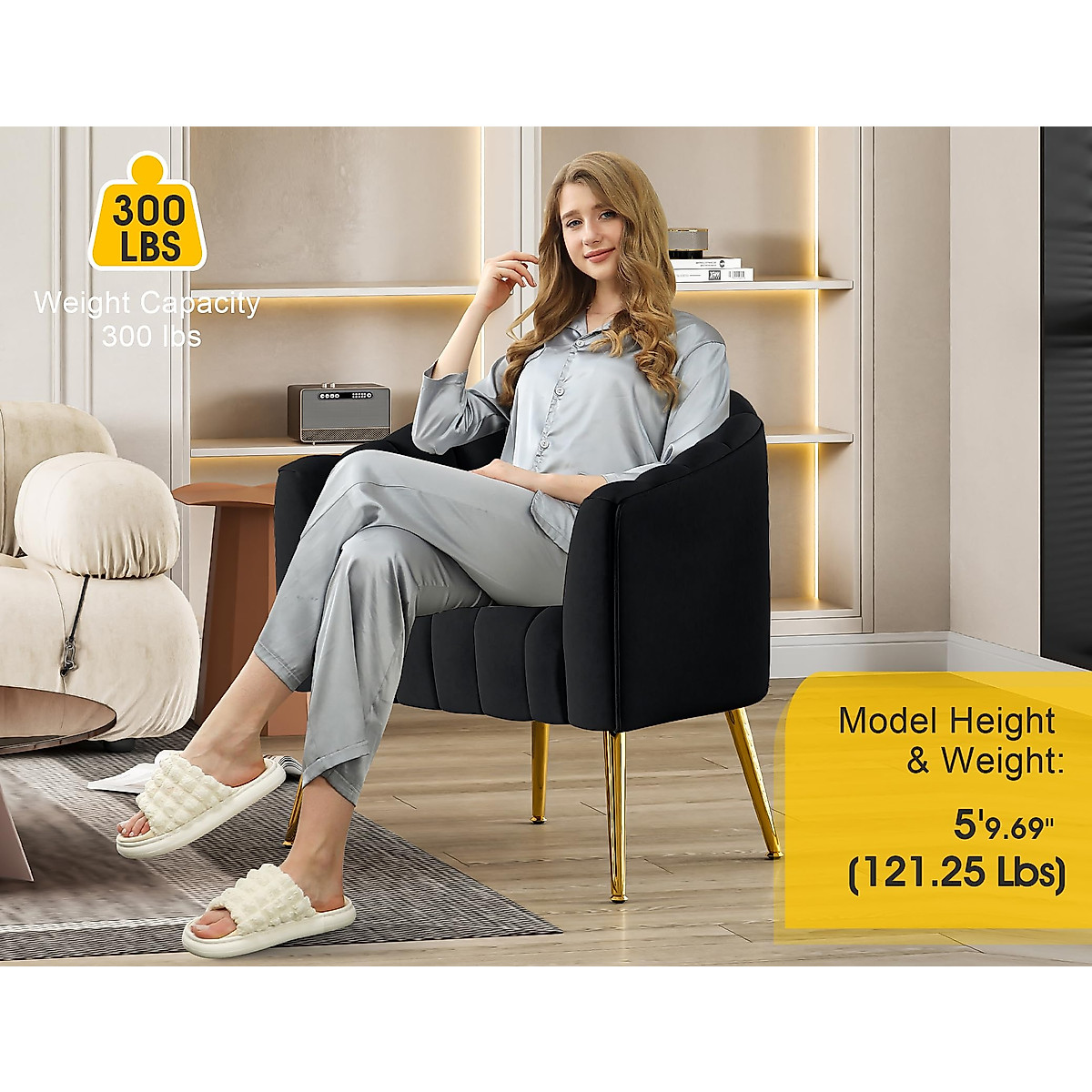 Dewhut Oversized Pumpkin Couch Accent Chair, Modern Comfy Velvet Upholstered Barrel Chairs, Luxury Single Sofa Armchair for Living Room, Waiting Room, Office and Vanity, (Black)