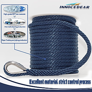 INNOCEDEAR Anchor Rope Braided Anchor Line(Navy, 3/8" x 100') Premium Solid Braid MFP Boat Rope with Stainless Steel Thimble, Quality Marine Rope, Boat Accessories