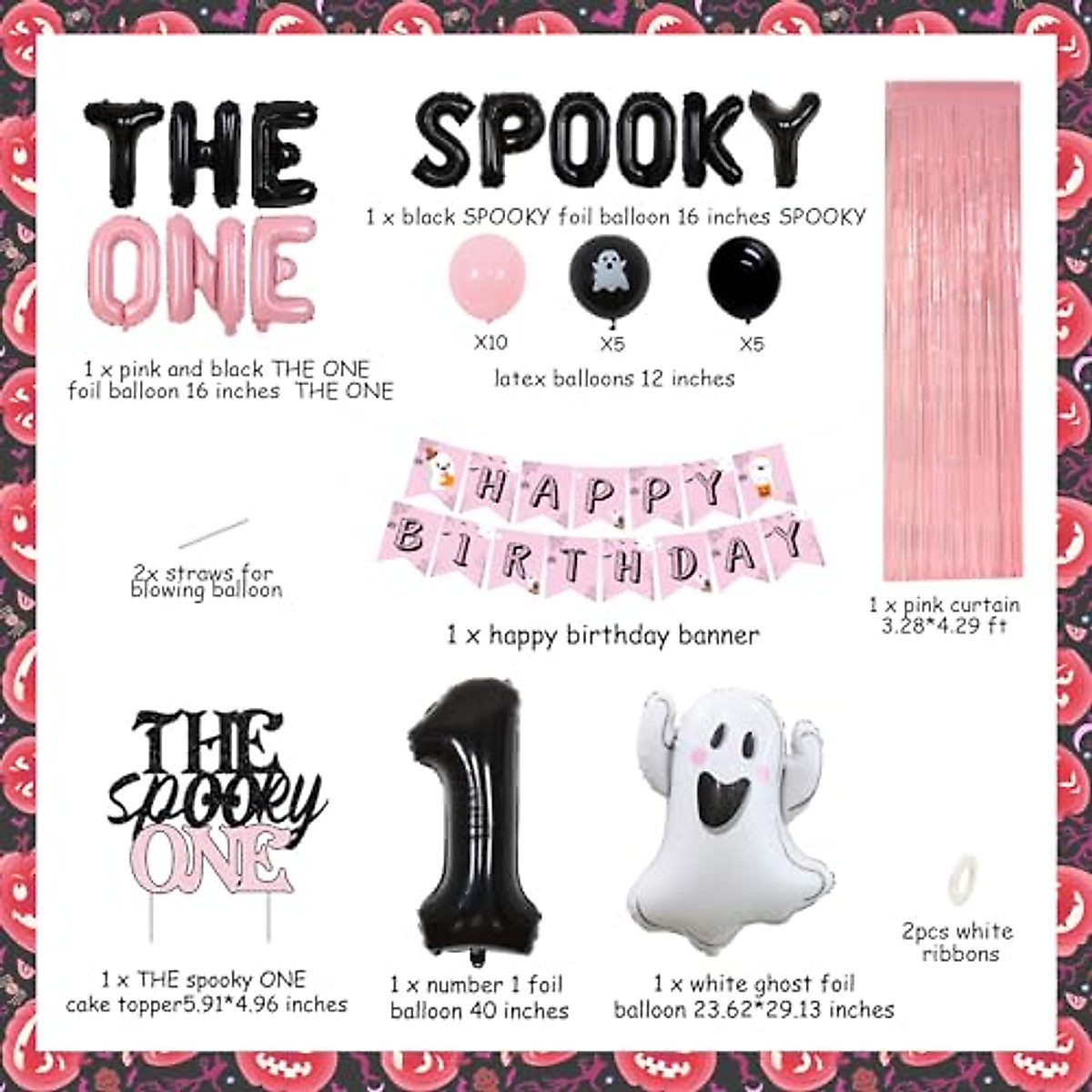 The Spooky One Birthday Decorations Girl, Pink Curtain Backdrop with Pink Black Balloons, The Spooky One Cake Topper White Ghost Black Bat Foil Balloons for Halloween 1st Birthday Party Decorations