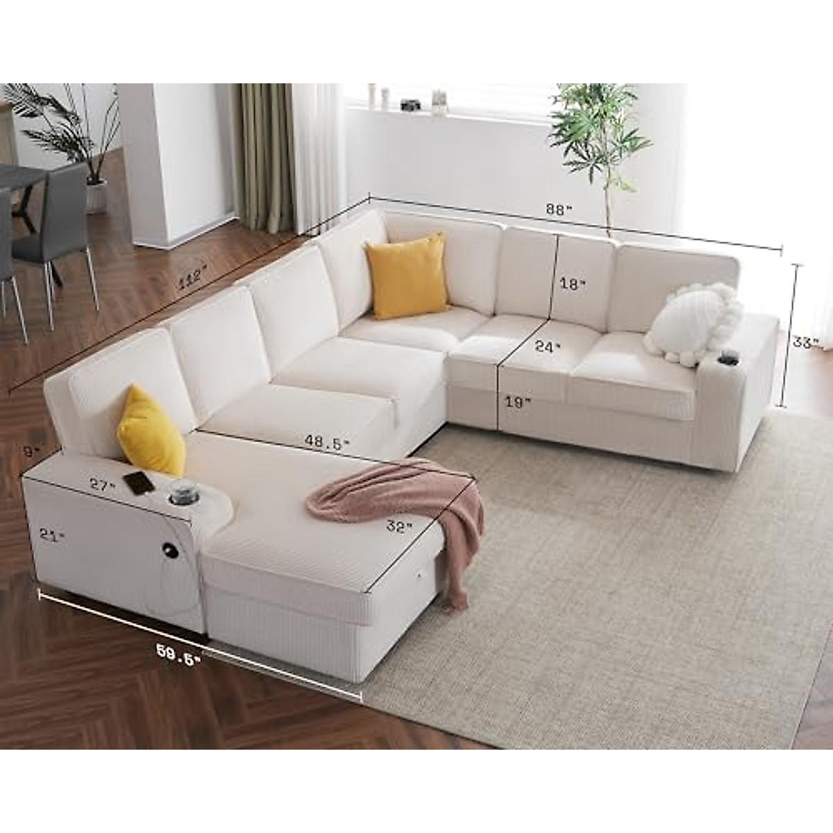 PaPaJet U Shaped Sofa, 7 Seater Sofa with USB Ports, Sectional Sofa Couch with Storage Chaise, Corduroy Beige