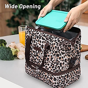 MIER Dual Compartment Lunch Bag Womens Lunch Box Cute Insulated Large Leak Proof Cooler Totes Bags with Shoulder Strap for Adult Work Office Beach Picnic Travel, Double Deck, Leopard
