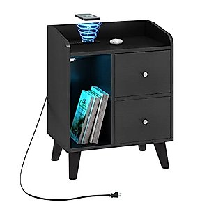 Saudism LED Nightstand with Wireless Charging Station, RGB Lights Night Stands for Bedroom, Smart Charging Bedside Table End Table with Two Drawers and Open Shelves (Black)