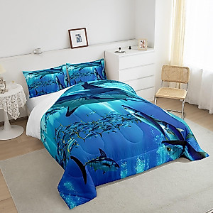 Erosebridal Blue Ocean Bedding Set Twin Size,3D Shark Duvet Insert Underwater Scenery Comforter Set Nautical Sea Animal Aquarium Quilted Duvet Coastal Creature Marine Life Bedroom Decor