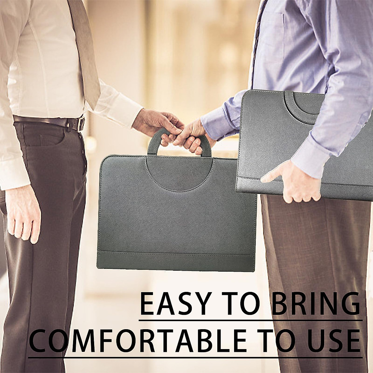 A4 Leather Portfolio Padfolio Refillable 4-Ring Binder with Zipper,Professional Business Document Organizer for Man Women with Magnetic Carrying Handle (Grey)