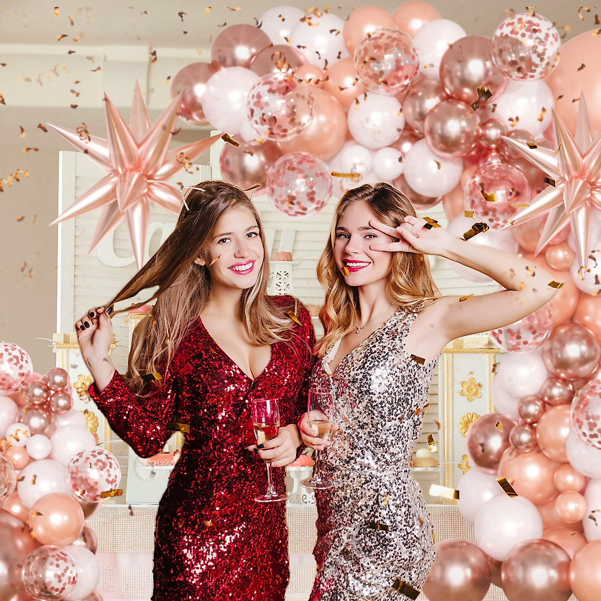 Rose Gold Balloons Arch Kit,144pcs Metallic Rose Gold Confetti Balloon Garland for Women Rose Gold Birthday Party Decorations Bridal Shower Baby Shower Bachelorette Party Decorations