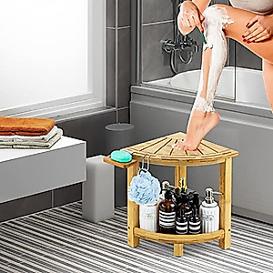 ETECHMART Bamboo Corner Shower Stool for Shaving Legs Foot Rest, Waterproof Bath Bench Seat with Storage Shelf and Soap Dish for Bathroom Inside Shower, Use as Small Corner Table Step Stools, Bamboo