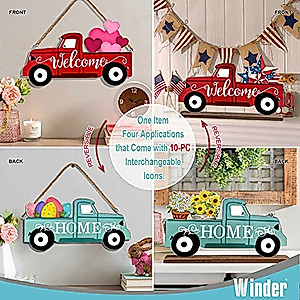 Winder Welcome Sign & Home Sign for Front Door 2-Side Rustic Red Truck Decor with 10-PC Interchangeable Holiday Icons for Spring Easter 4th of July Fall Harvest Halloween Christmas Seasonal Wall Hanging & Table Decorations(2-Side Red Truck)