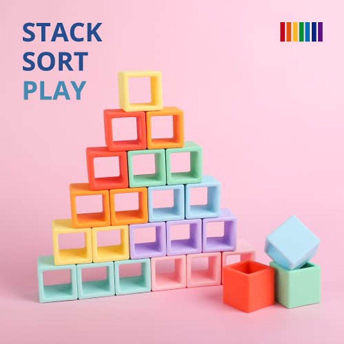 BLUE GINKGO Silicone Rainbow Blocks - Giftable Soft Blocks for Kids | BPA Free Silicone Blocks | Montessori Blocks, Silicone Rainbow Stacking Toy with Sorting Tray (24 PC - Pastel)