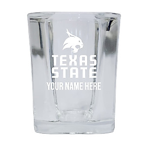 Personalized Customizable Texas State Bobcats Etched Square Shot Glass 2 oz With Custom Name (1) Officially Licensed Collegiate Product