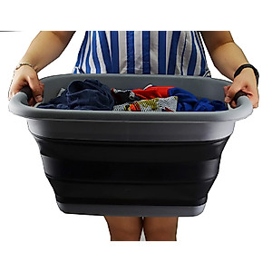 SAMMART 2 pcs Set : 25L (6.6 Gallon) Collapsible Plasic Laundry Basket & 5L (1.32 Gallon) Collapsible Bucket (Laundry Basket+Bucket, Black+Black)
