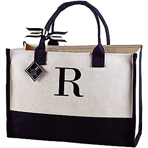 Mud Pie Classic Black and White Initial Canvas Tote Bags (R), 100% Cotton, 17" x 19" x 2"