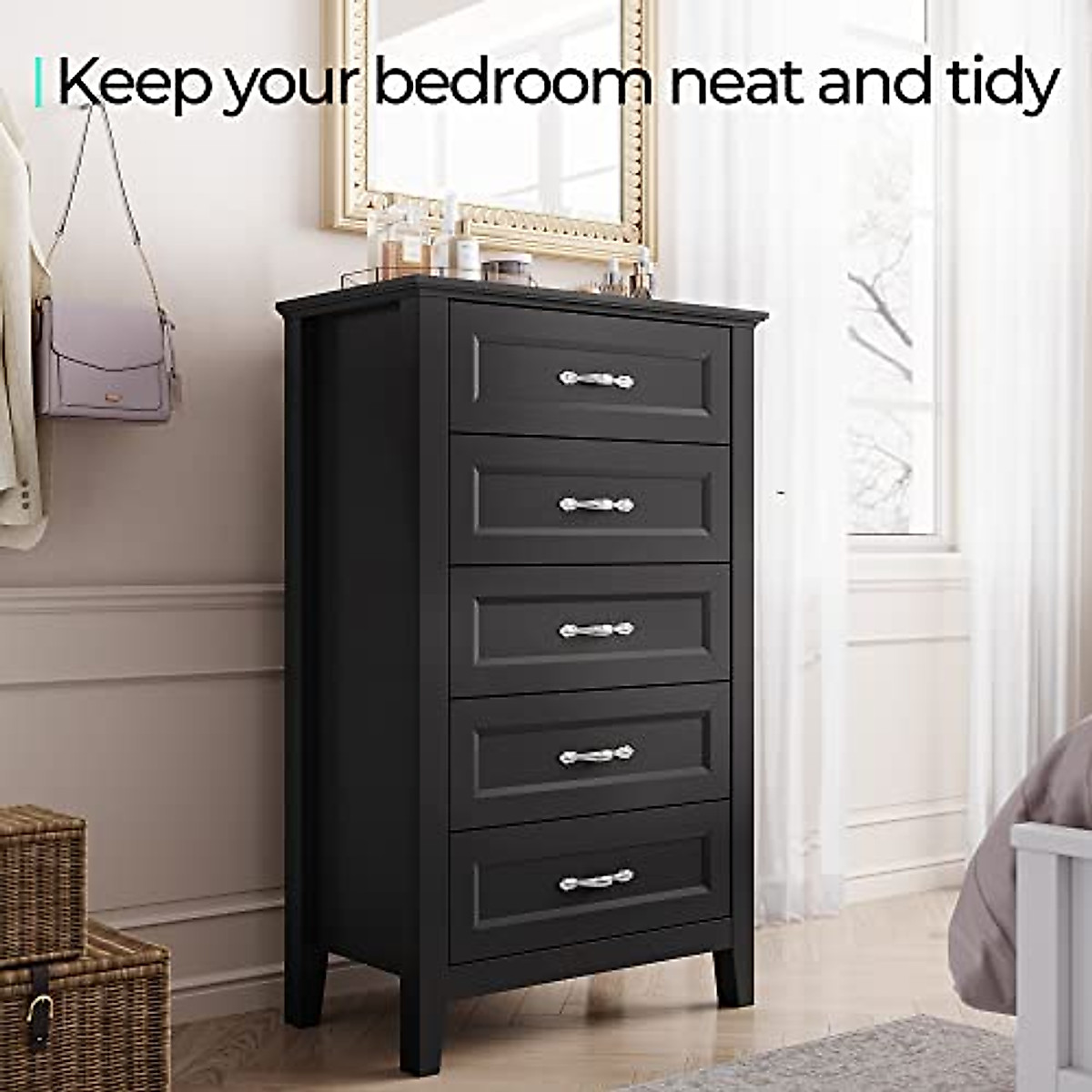 LINSY HOME Black Dresser, Black Chest of Drawers for Bedroom, 5 Drawer Dresser with Metal Handles, Tall Dresser for Nursery, Entryway, and Closet Storage