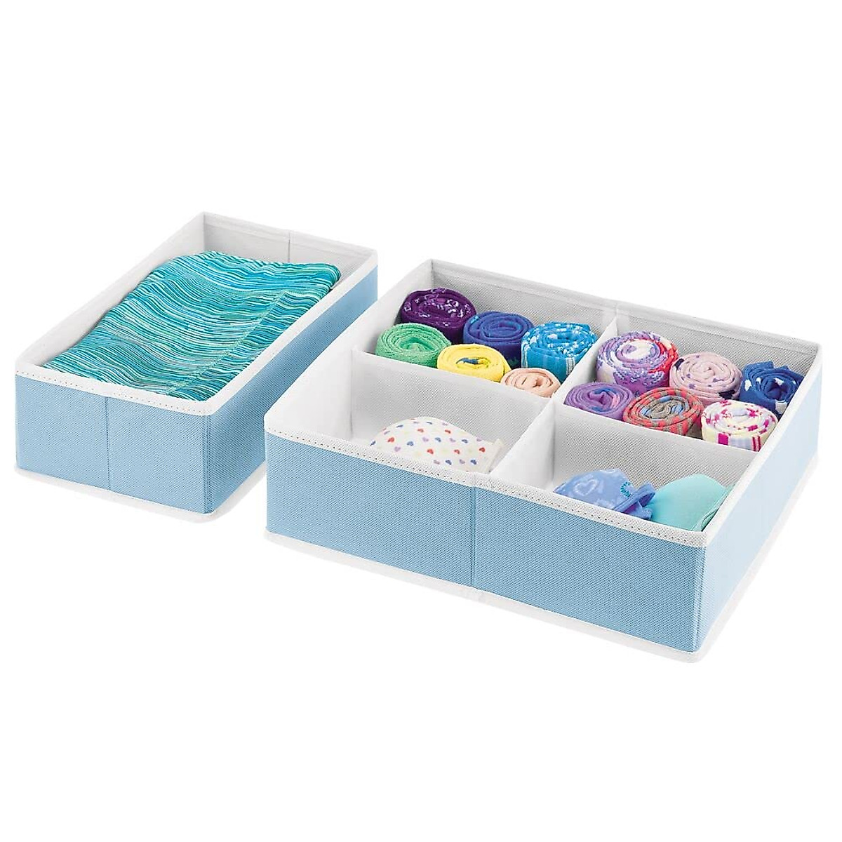 mDesign Soft Fabric Polka Dot Dresser Drawer and Closet Storage Organizer Bin for Child/Kids Room, Nursery, Playroom - Divided 5 Section Tray, Set of 2 - Light Blue/White