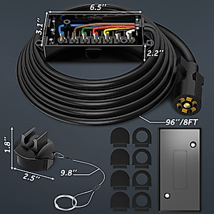 MICTUNING Heavy Duty 7 Way Plug Inline Trailer Cord with 7 Gang Junction Box - 8 Feet, Weatherproof