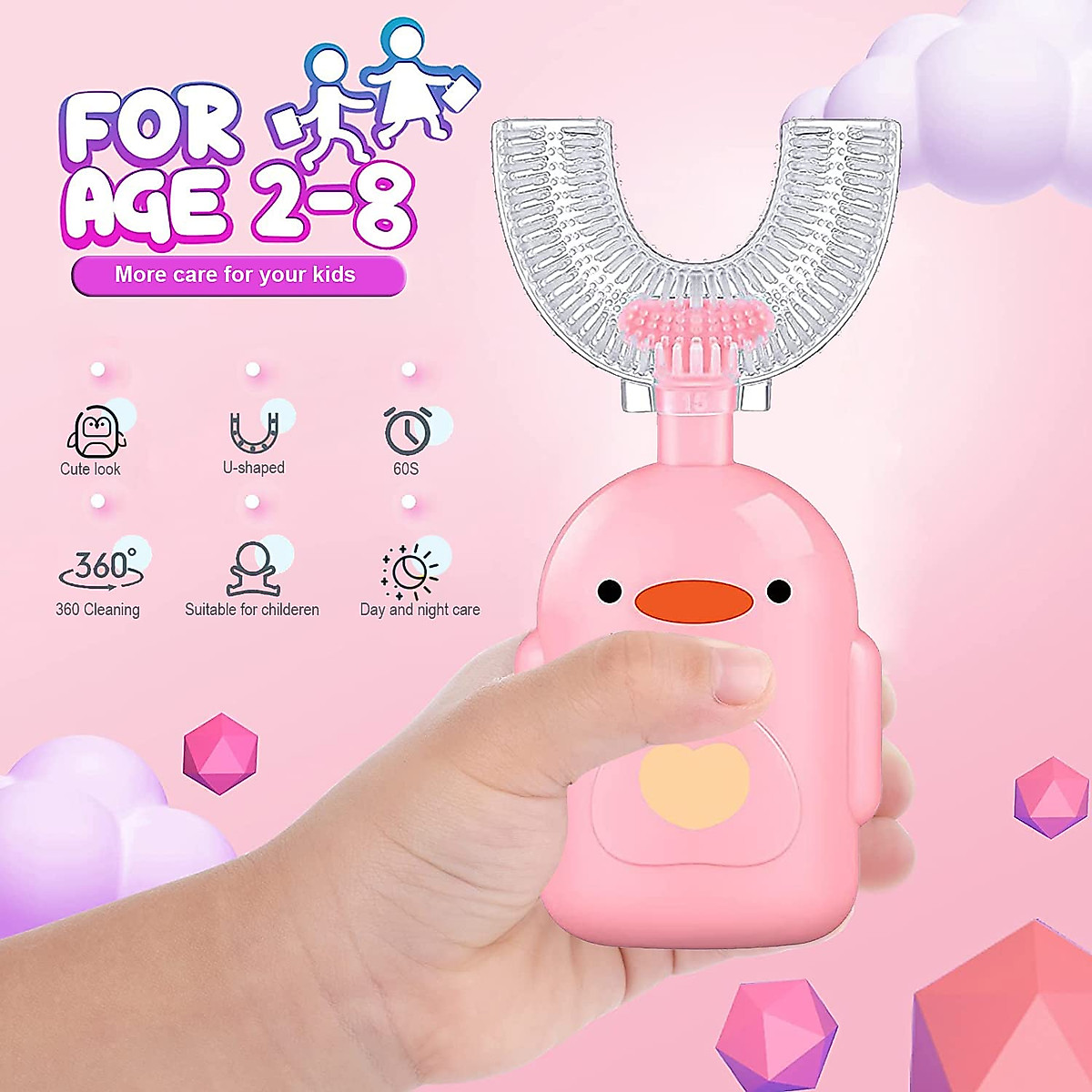 AMZVIO 2Pack U shaped toothbrush kids,Toddler Toothbrush 4PCS Replaceable Silicone Food Grade Brush Heads,Childrens Whole Full Mouth Tooth Brush for Kids Toothbrushes Age 2-8(Pink+Green)