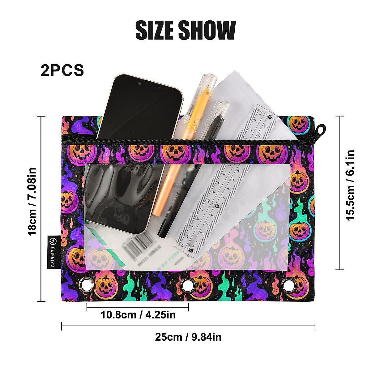 MCHIVER Halloween Pumpkins Jack-o'-lantern Pencil Pouch for 3 Ring Binder Pencil Case with Zipper Clear Window Binder Bags for Office Daily 2 Pack